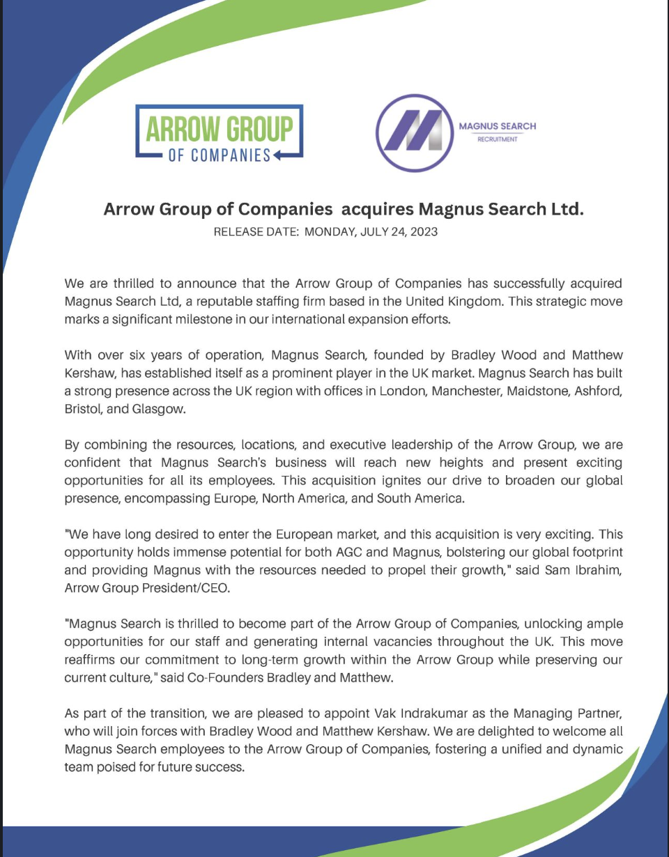 Arrow Group of Companies acquires Magnus Search Ltd - Arrow Work Force